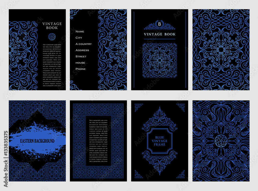 Eastern blue arabic vector lines design templates. Muslim floral frame ...