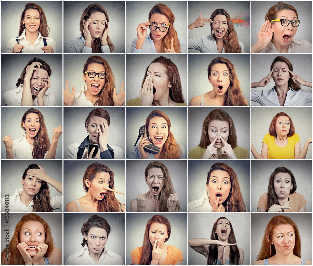 Collage of a young woman expressing different emotions Stock Photo ...