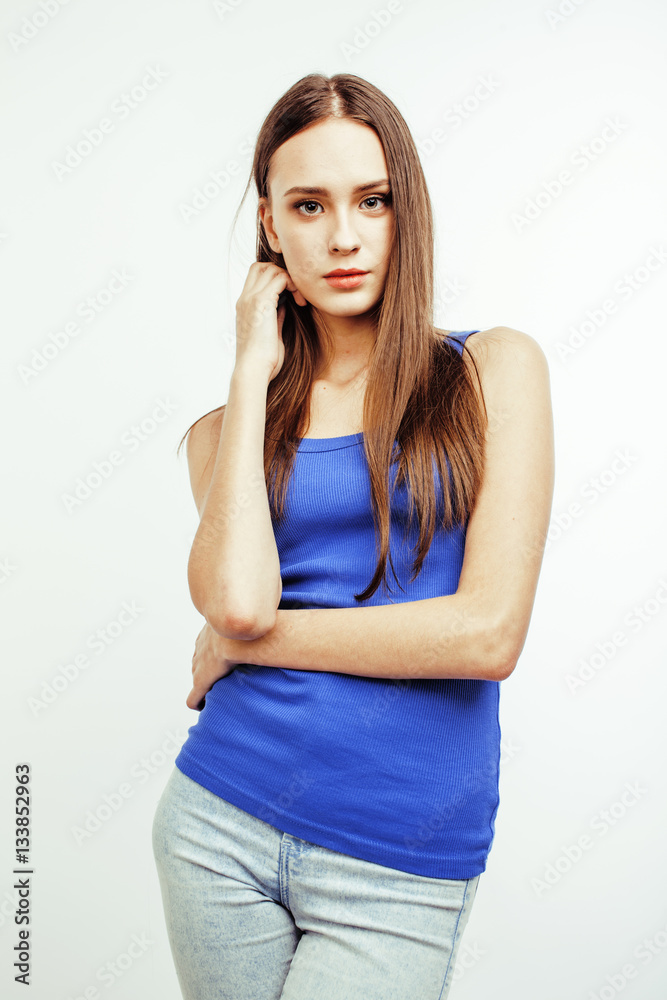 Young Pretty Brunette Woman Posing Emotional Isolated On White