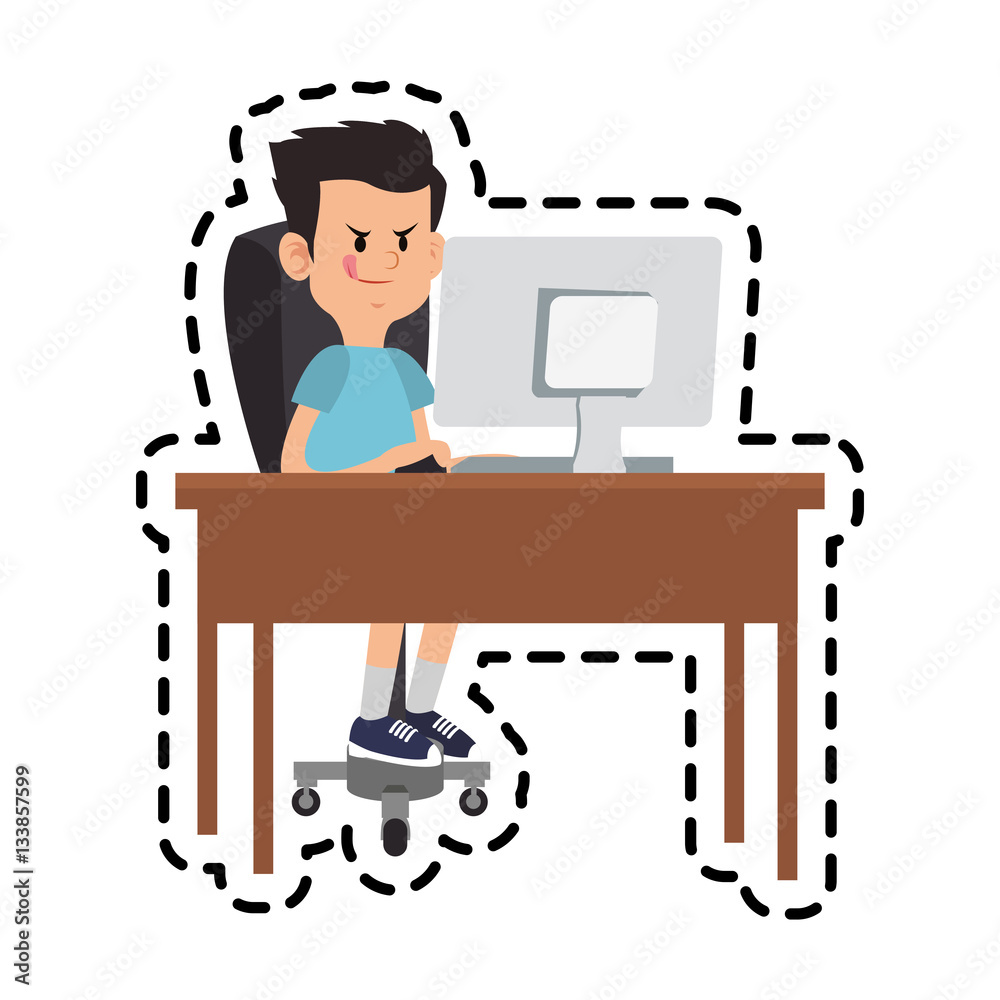 boy cartoon playing on computer over white background. colorful design ...