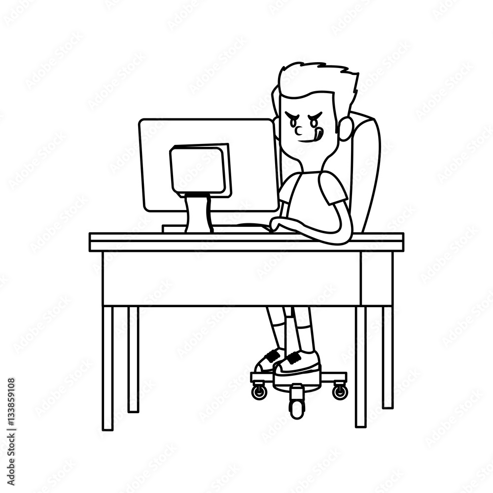 boy cartoon playing on the computer over white background. vector ...