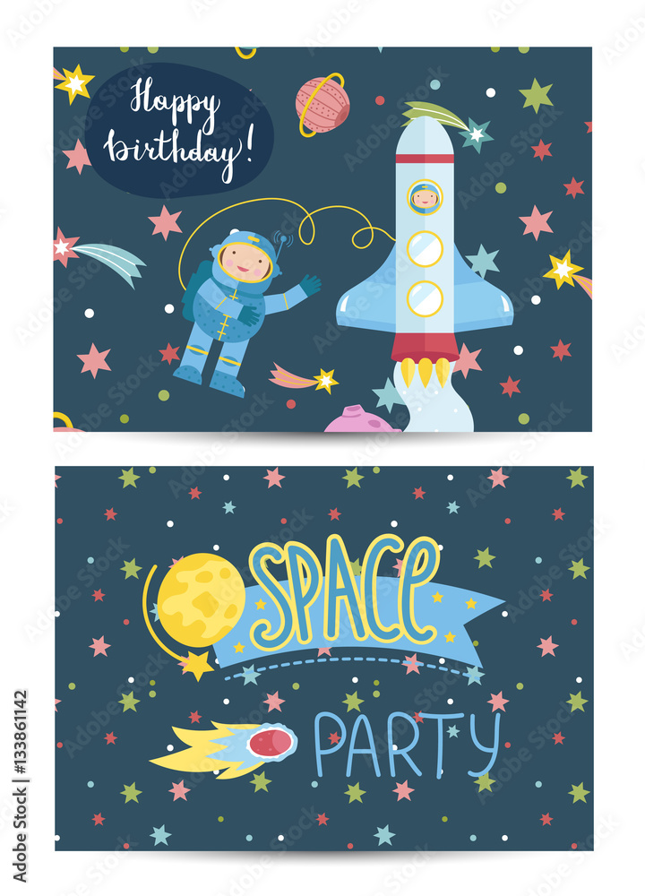 Vetor de Happy birthday cartoon greeting card on space theme. Rocker ...