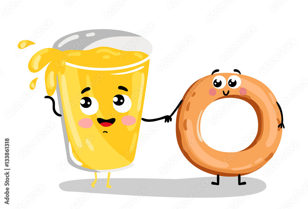 Cute bagel and lemonade glass cartoon character isolated on white ...