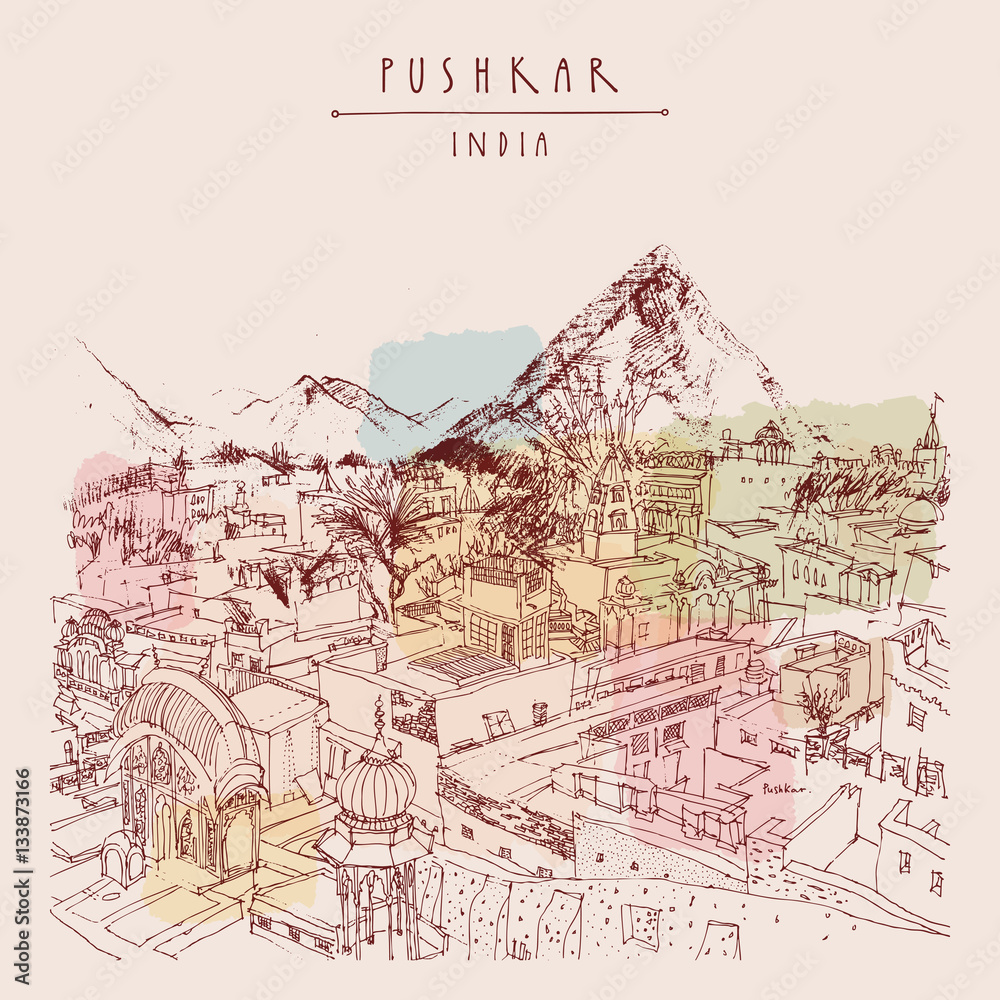 Pushkar, Rajasthan, India. City and mountain view. Vintage hand drawn ...