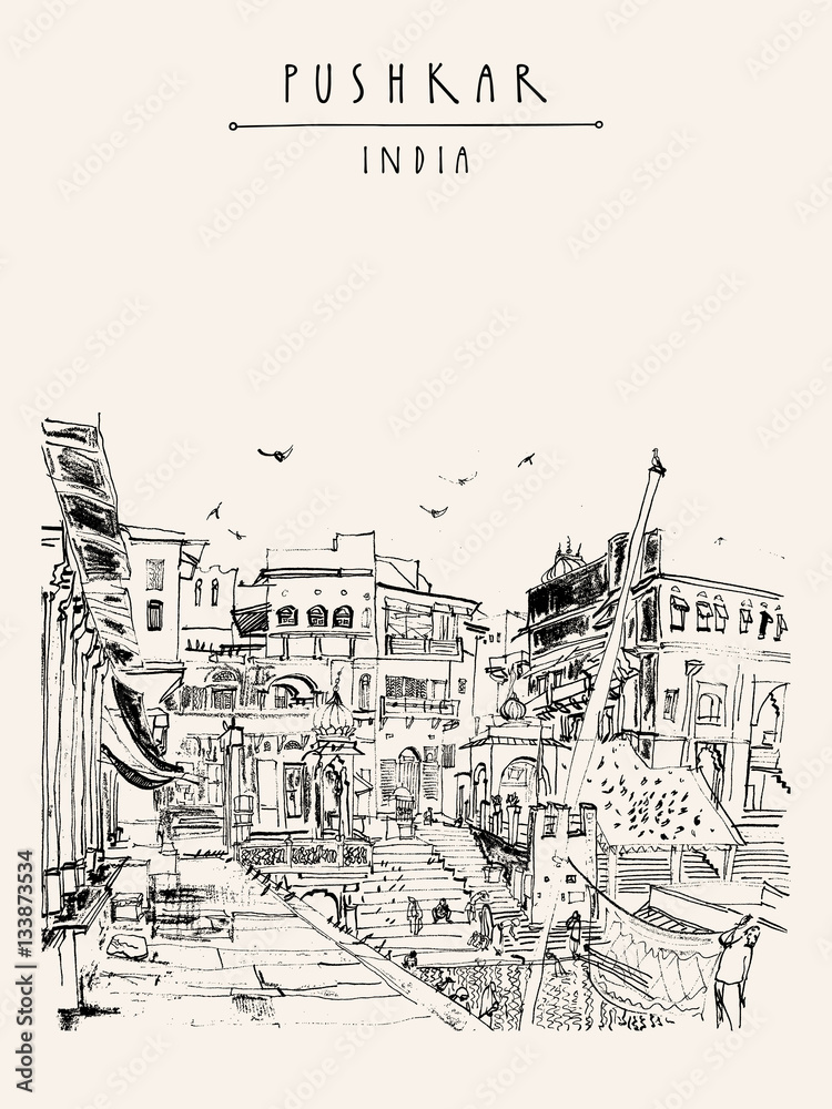 Pushkar, Rajasthan, India. Drawing. Ghats and palaces on holy lake ...
