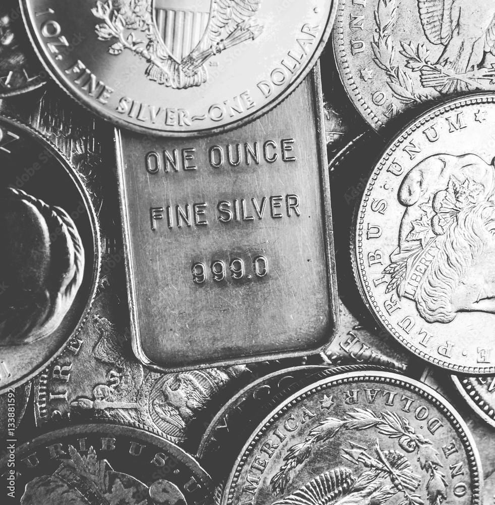 Silver coins and bars background Stock Photo | Adobe Stock