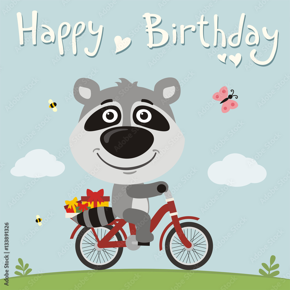 Happy birthday! Funny raccoon on bike with gifts. Birthday card with ...
