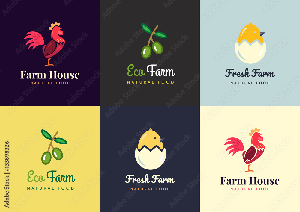 Fresh farm logos set. Vector labels for urban business with products ...