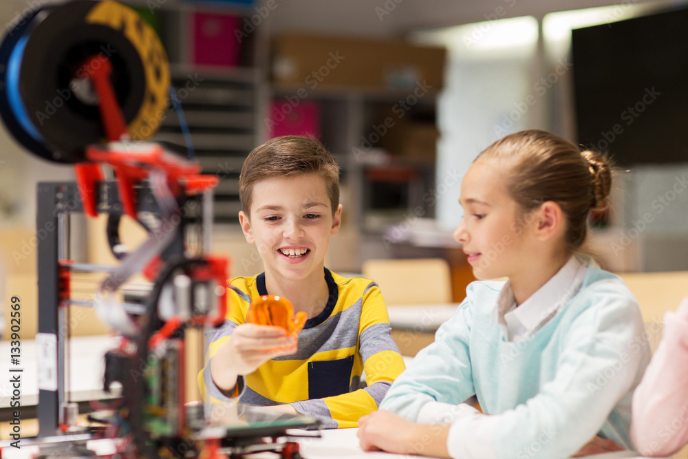 happy children with 3d printer at robotics school Stock Photo | Adobe Stock