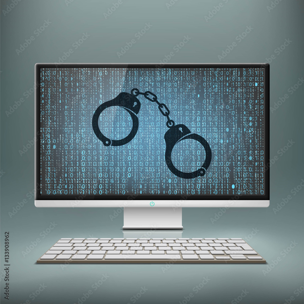 Handcuffs on the monitor screen. Cyber crime and hacker attack. Stock ...