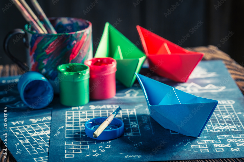 Vintage battleship paper game with red and blue ships Stock Photo ...