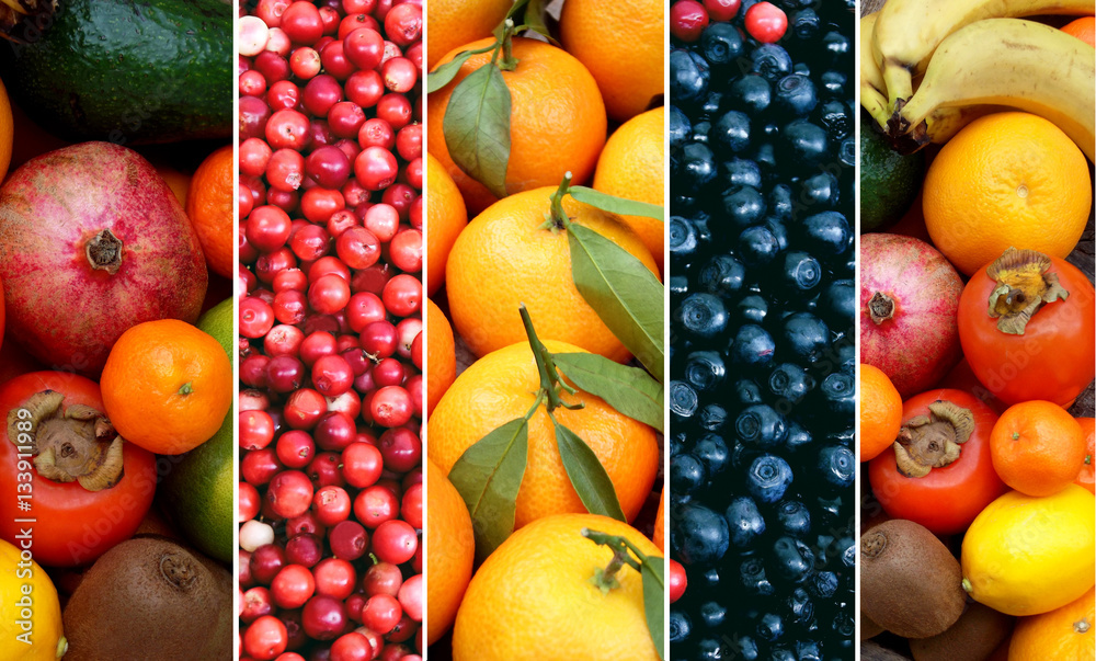 Mix of different fruits and berries. Food background. Top view Stock ...