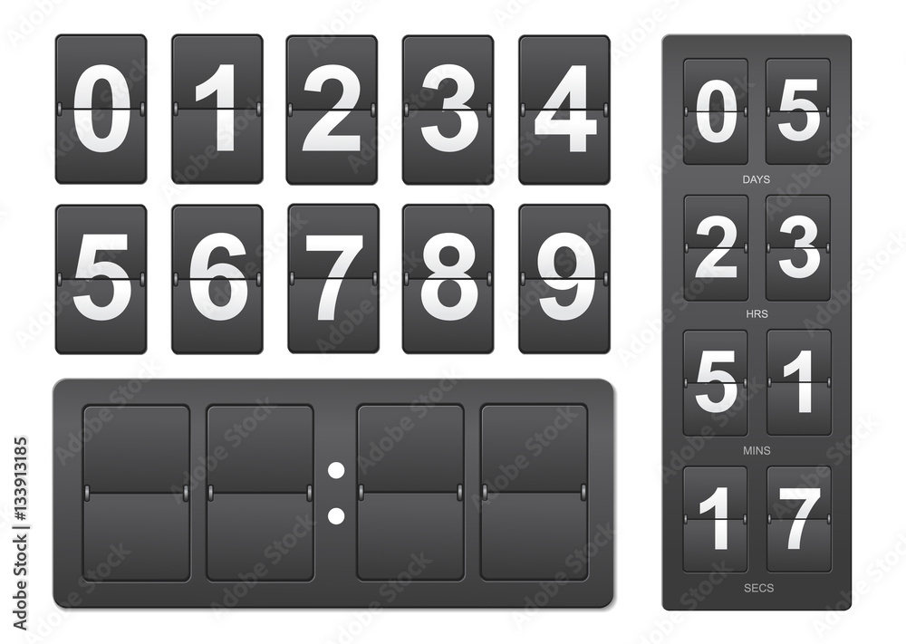 Countdown timer. Black mechanical scoreboard panel illustration on ...