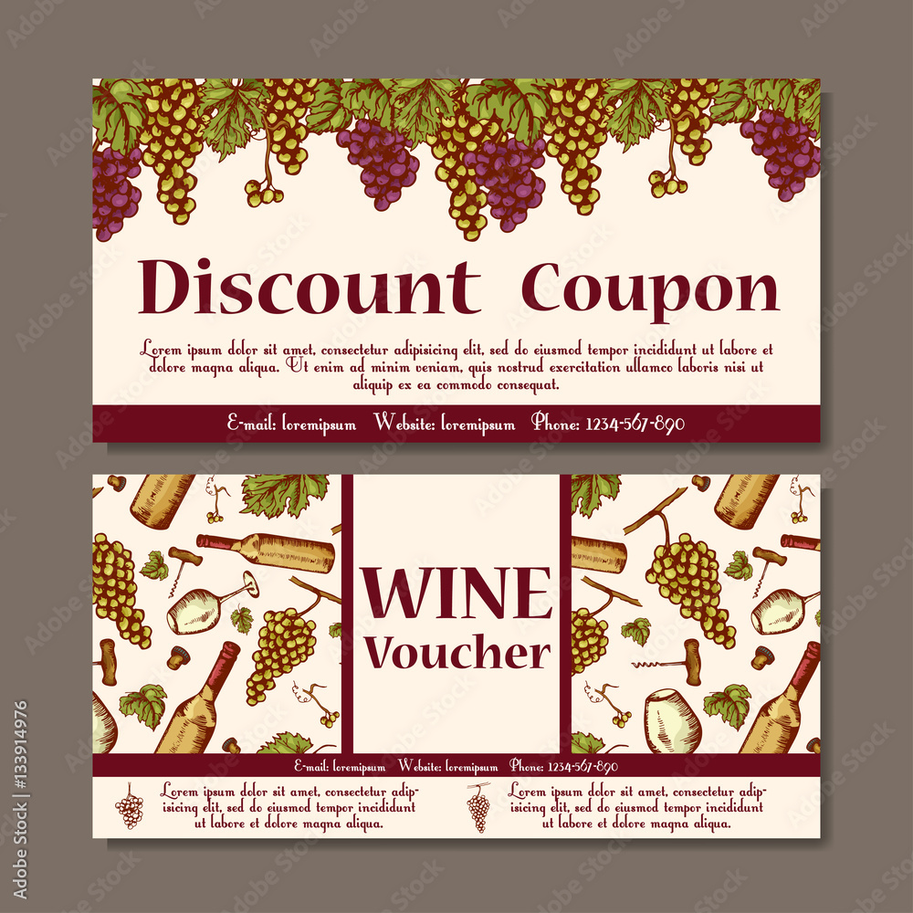 Vector coupon template for beverages. Set of wine banners with sketches ...