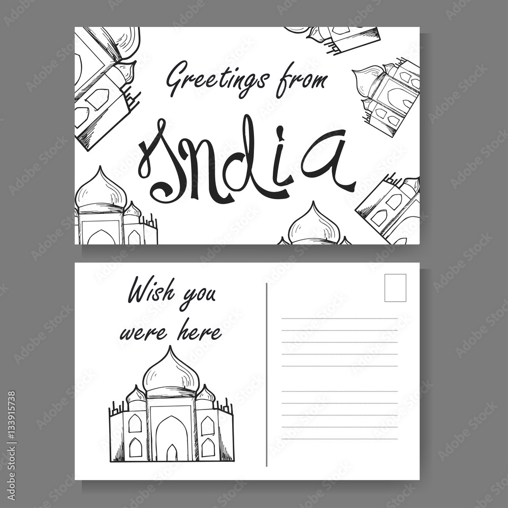 Postcard from Delhi. Hand drawn lettering and sketch. Greetings from ...