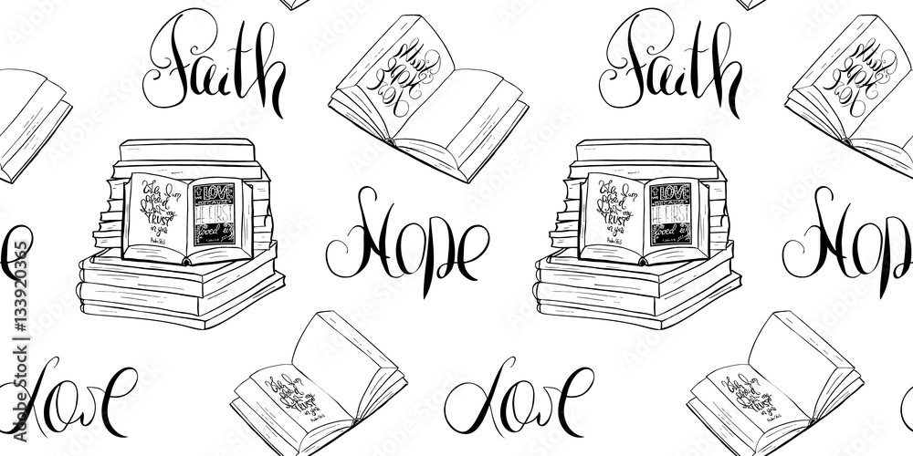 Faith, hope, love. Bible lettering. Open book..Hand drawing ...