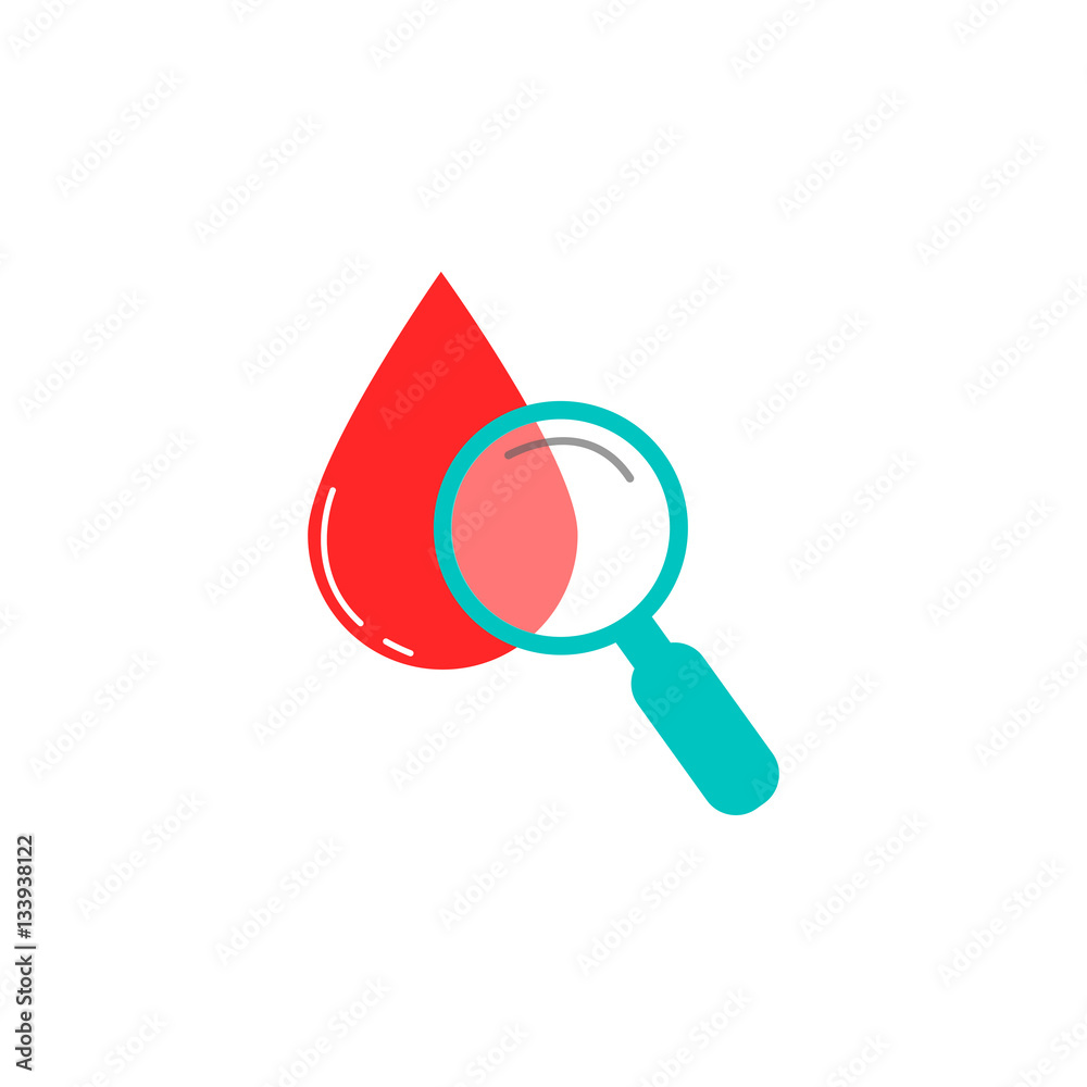 Blood drop test with magnifier solid icon, cancer ribbon, vector ...