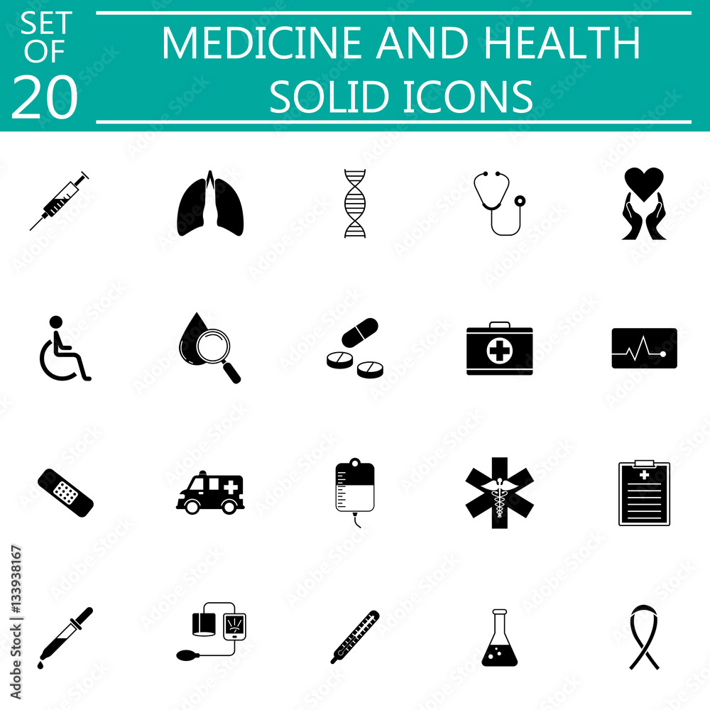 Medicine and health solid pictograms package, medical symbols ...