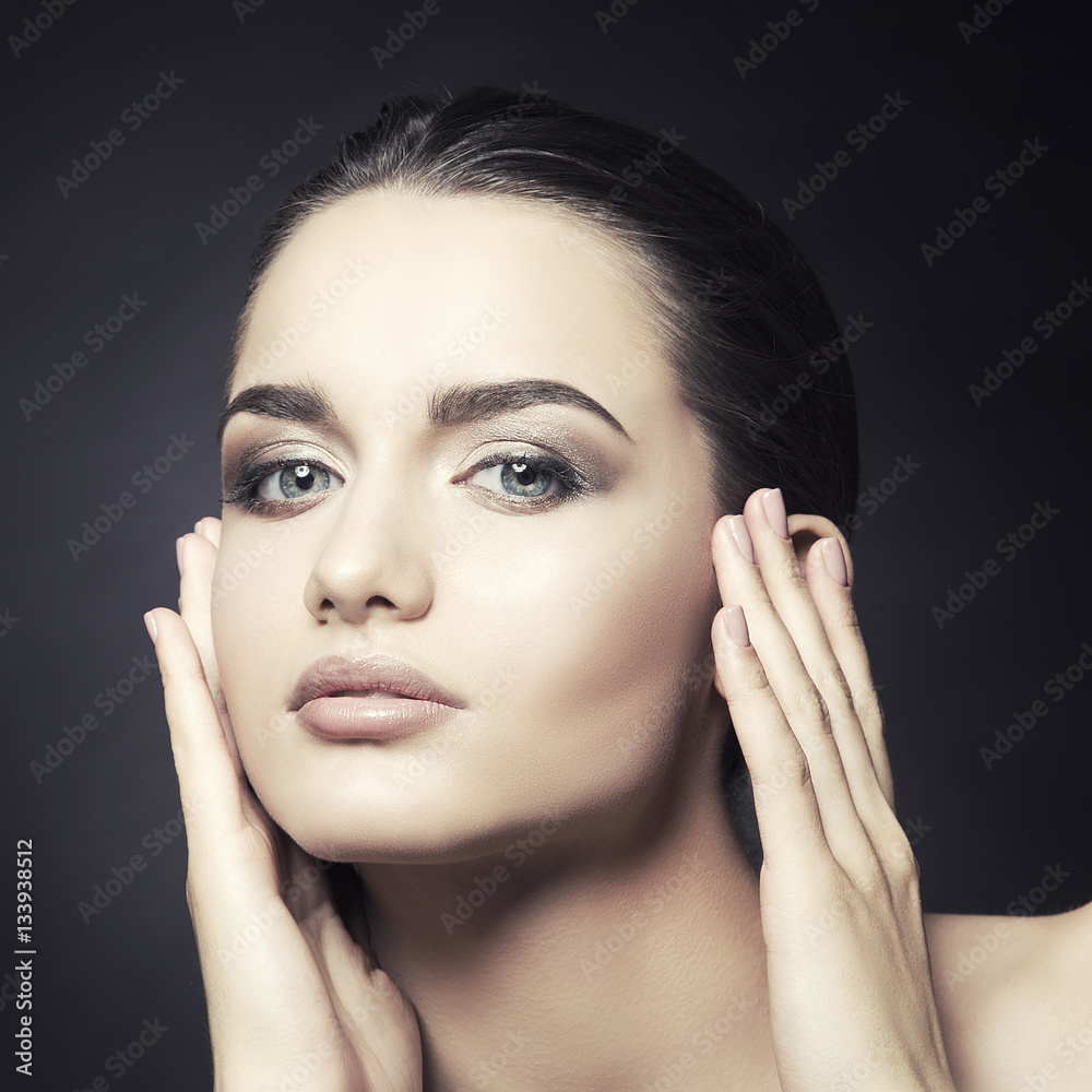 Girl touching her skin on face with fingers. Health and care ...