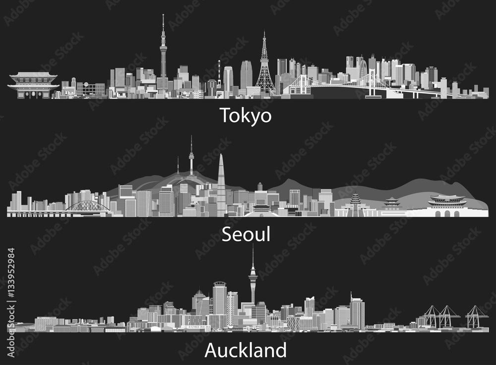 Tokyo, Seoul, Sydney and Auckland skylines in grey scales color palette ...
