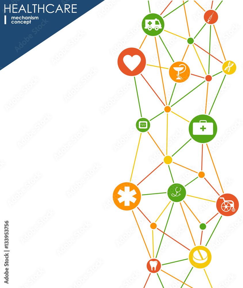 Healthcare mechanism concept. Abstract background with connected gears ...