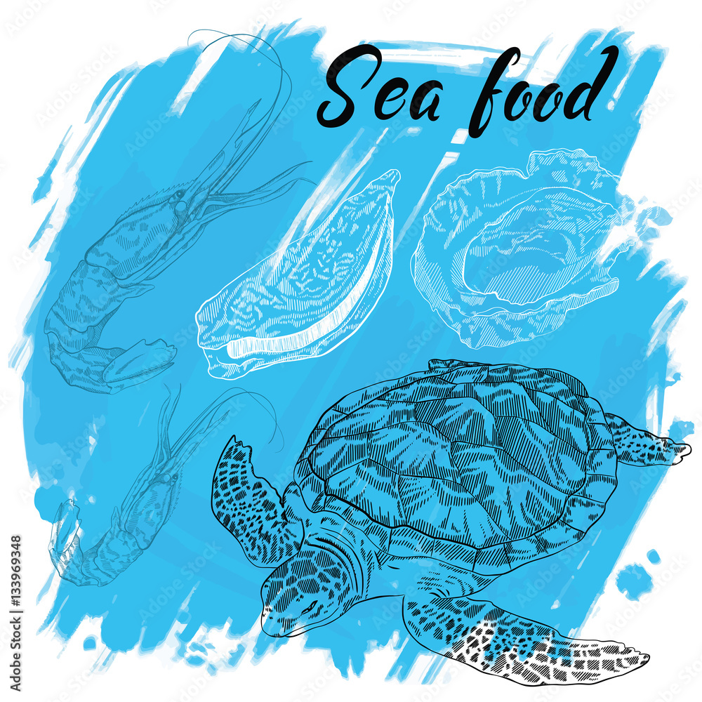 Hand drawn vector illustration, design for a seafood restaurant menu ...