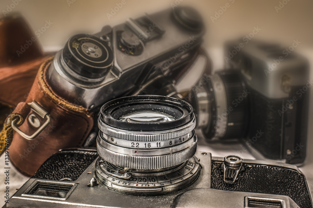 Close up view of old Russian analog film camera with vintage look. On ...