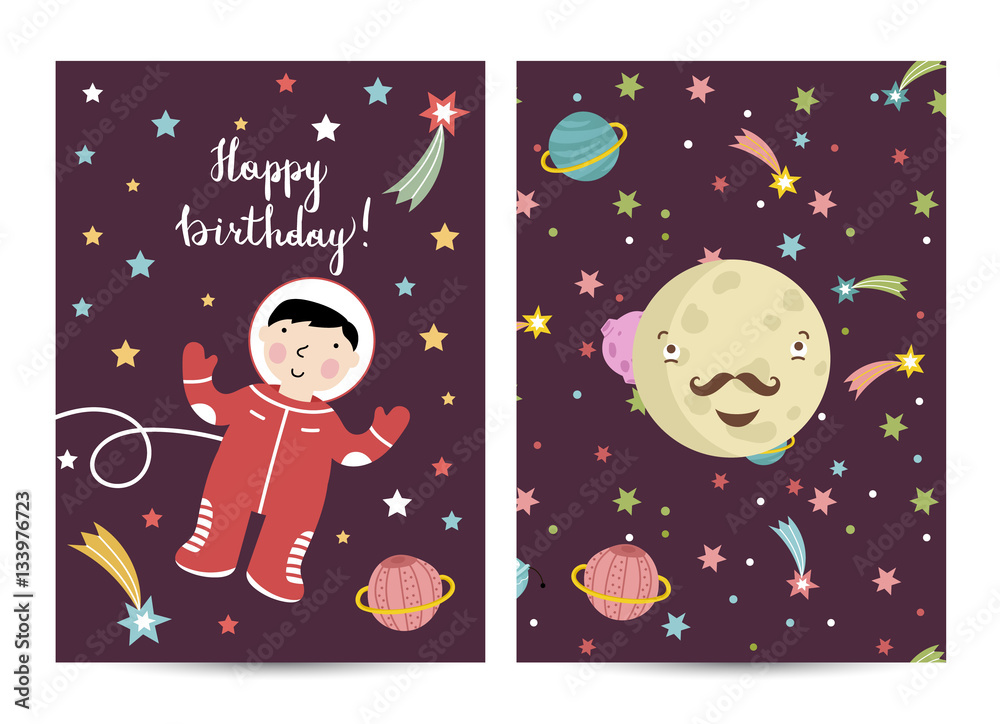 Happy birthday cartoon greeting card on space theme. Astronaut in ...