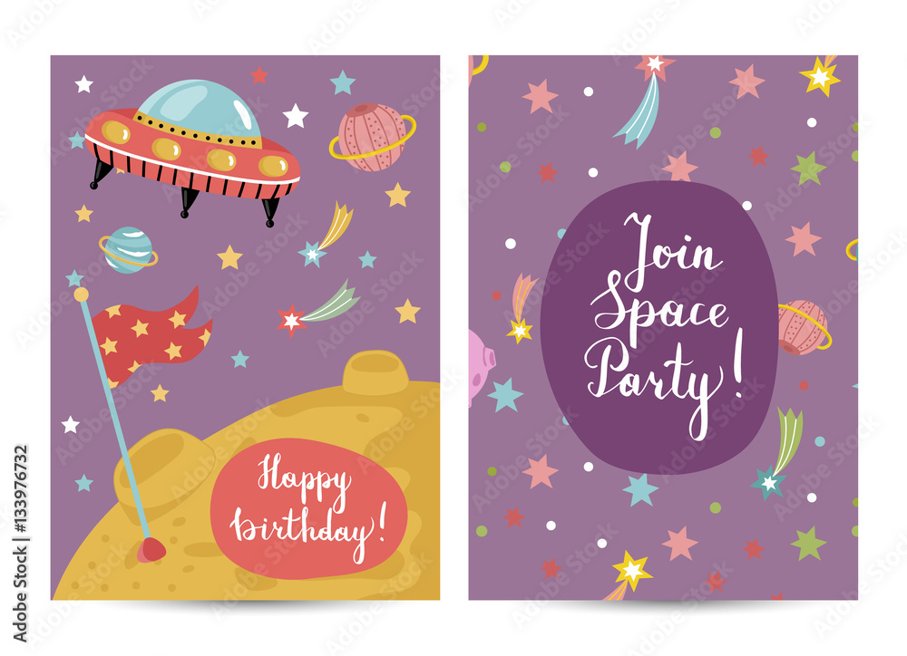 Happy birthday cartoon greeting card on space theme. Alien spaceship ...