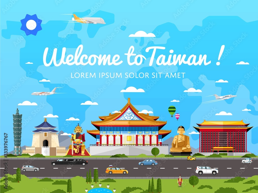 Welcome to Taiwan poster with famous attractions vector illustration ...