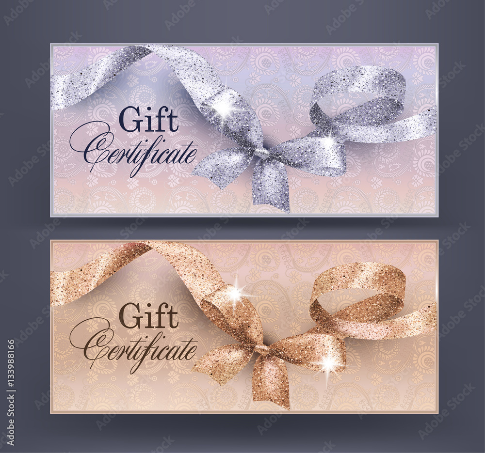 Gift Certificates with floral design background and shiny curly ribbon ...