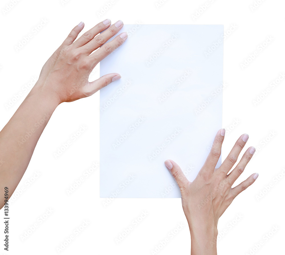 Woman's finger touching on paper isolated on white background ...