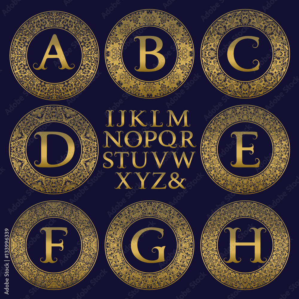 Vintage monogram kit. Golden letters and floral round frames for ...