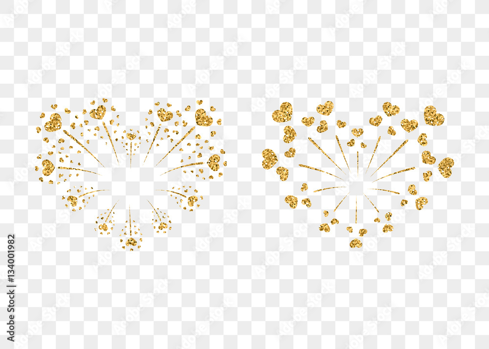 Heart fireworks gold set. Beautiful flat golden firework isolated on ...