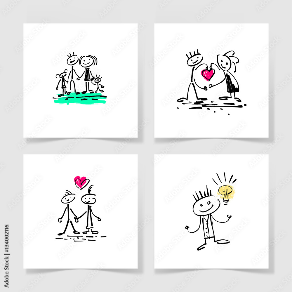 set of four marker hand drawing sketch doodle human stick figure Stock ...