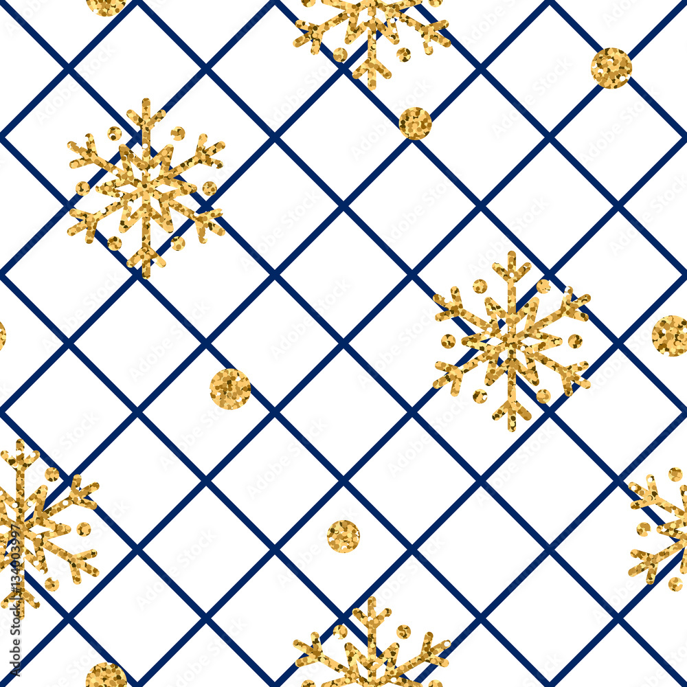 Christmas gold snowflake seamless pattern. Golden snowflakes on blue ...