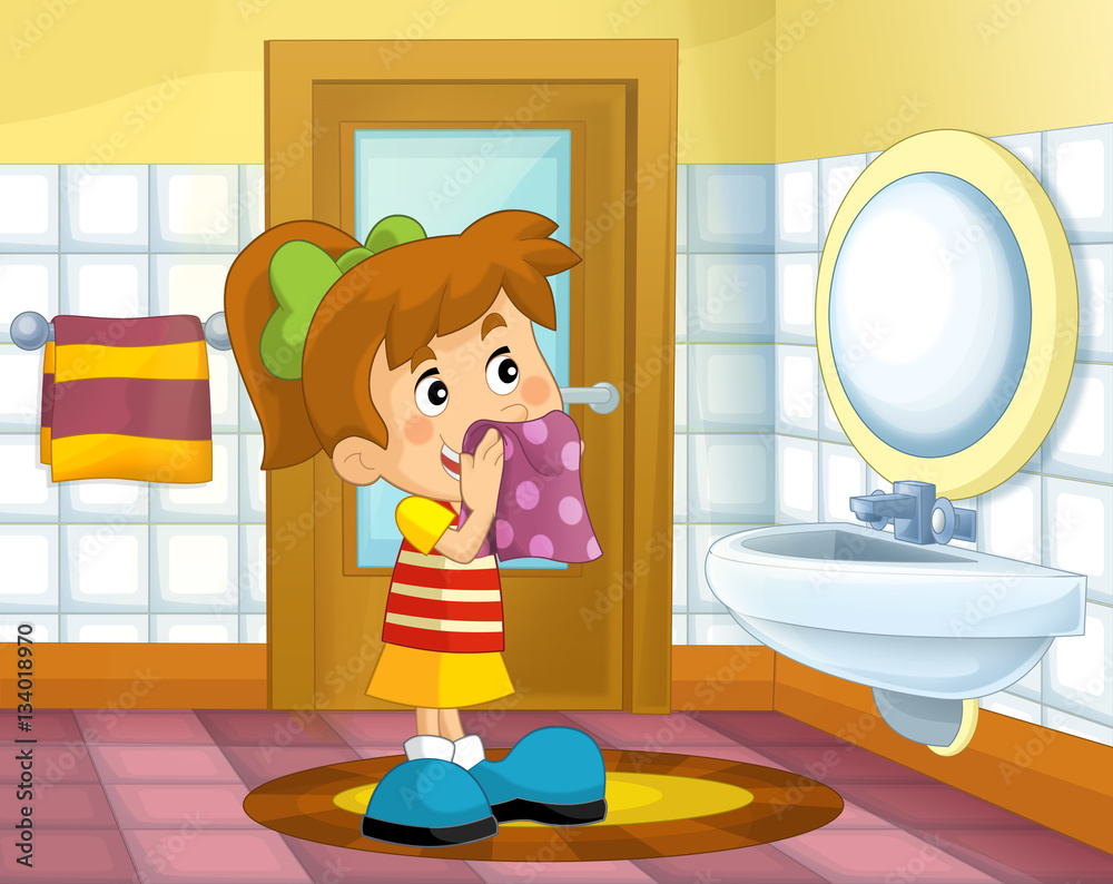 Cartoon kid in the bathroom - girl - illustration for children Stock ...