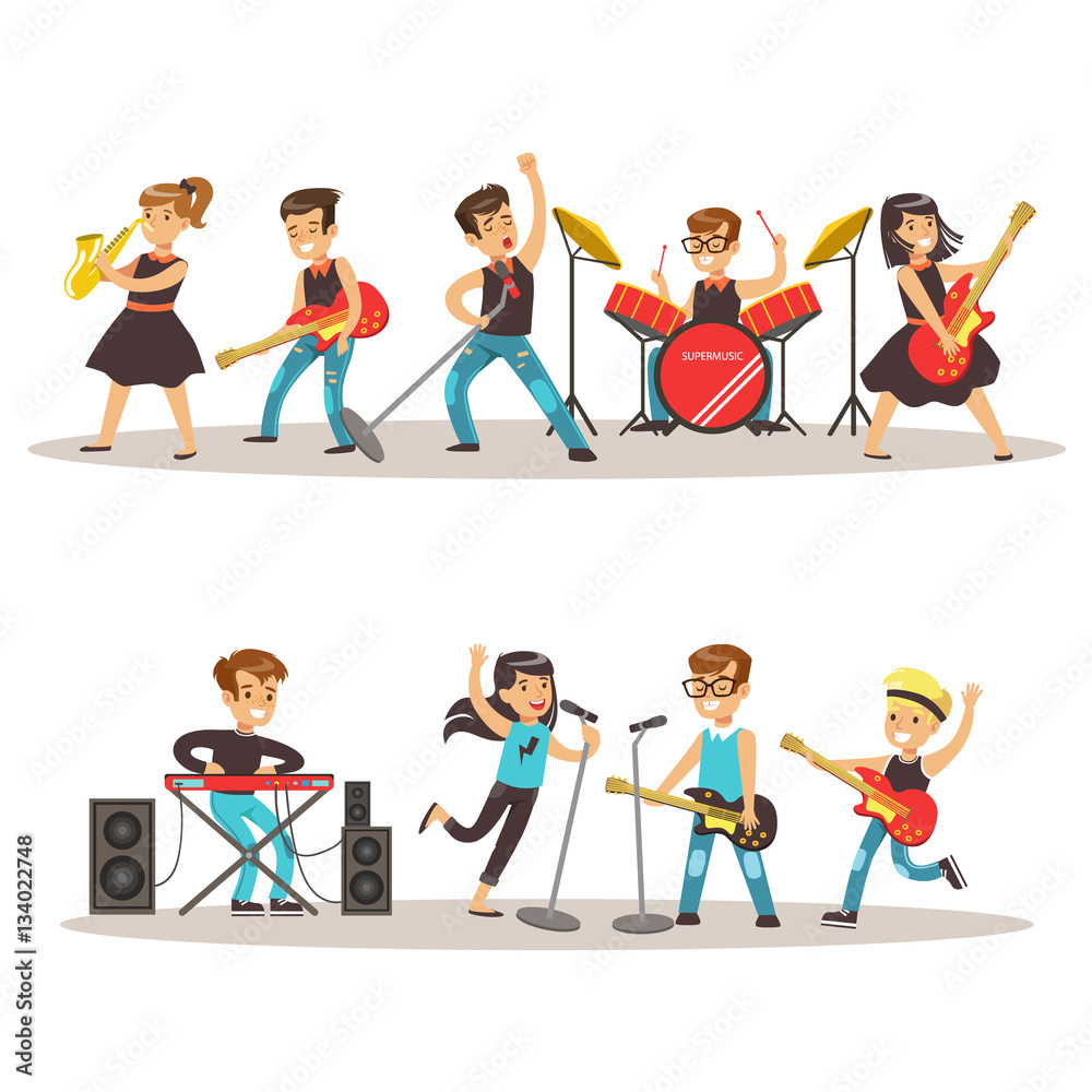 Children Musicians Performing On Stage On Talent Show Colorful Vector ...