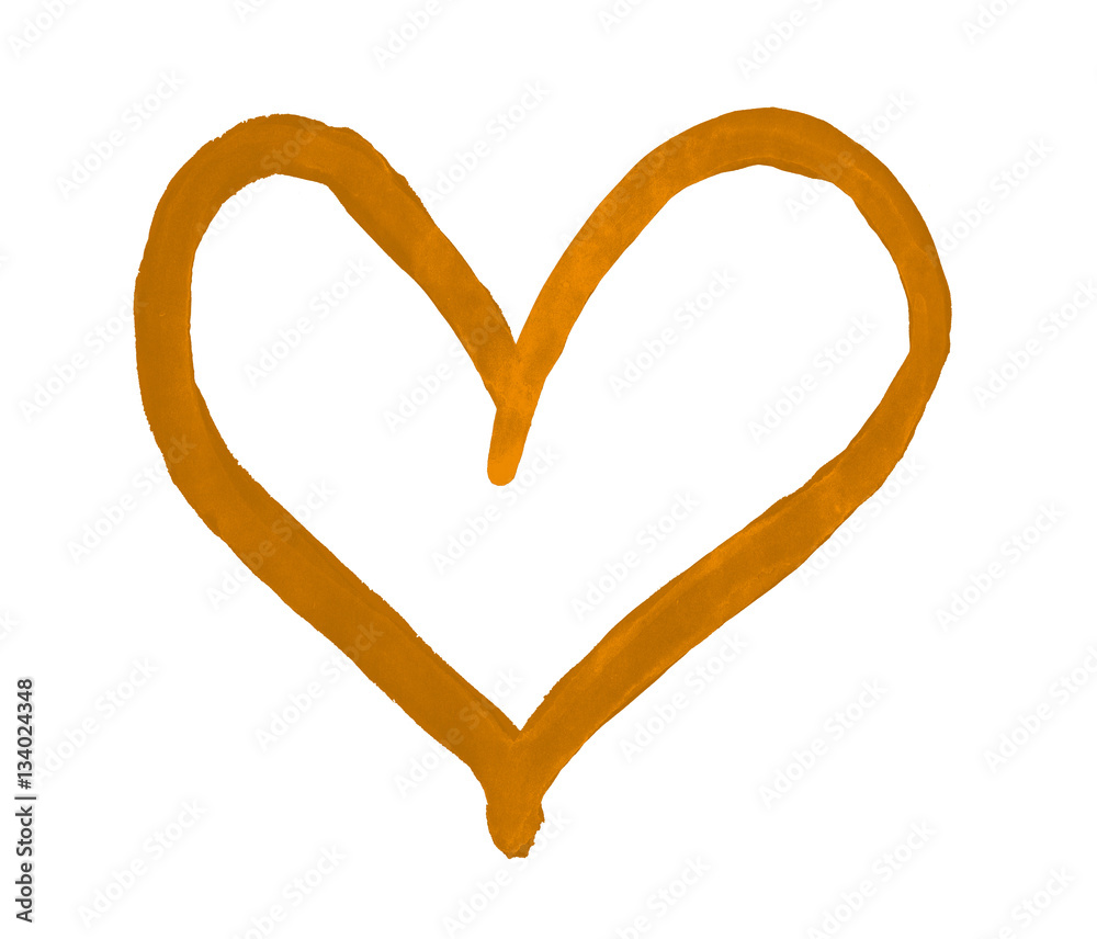 The outline of the amber orange heart drawn with paint on white ...