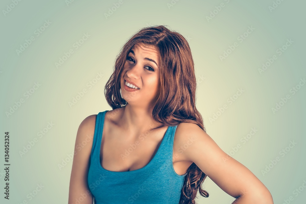 Skeptical woman looking at you, camera Stock-Foto | Adobe Stock
