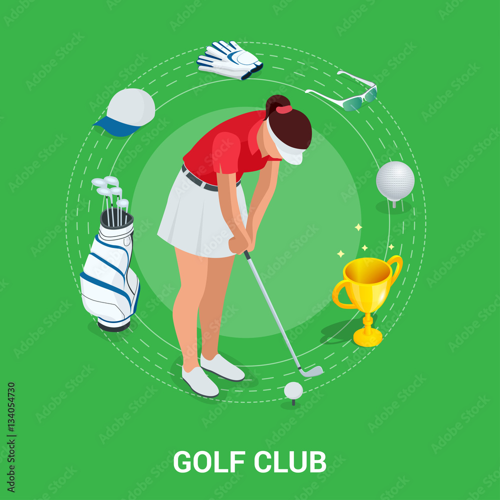 Golf club concept. Isometric golfer and apparel. Sport design elements ...
