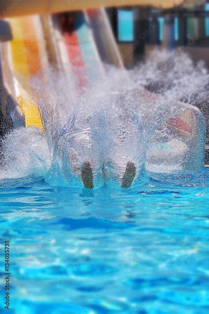Water slide, picture taken in a water park showing the perfect landing ...