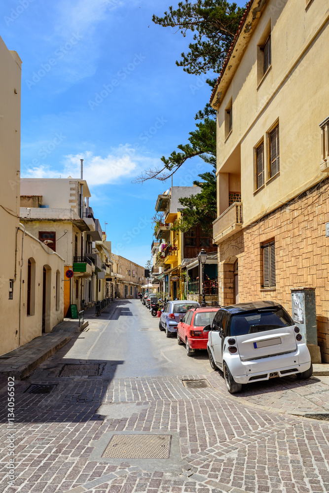 Typical narrow street in Rethymno city. Crete Island. Greece. Stock ...