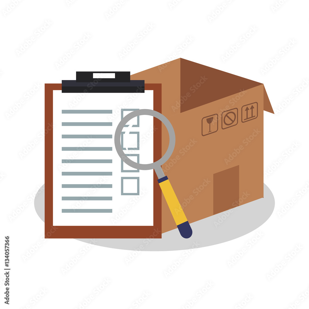 checklist, carton box and magnifying glass over blue background ...