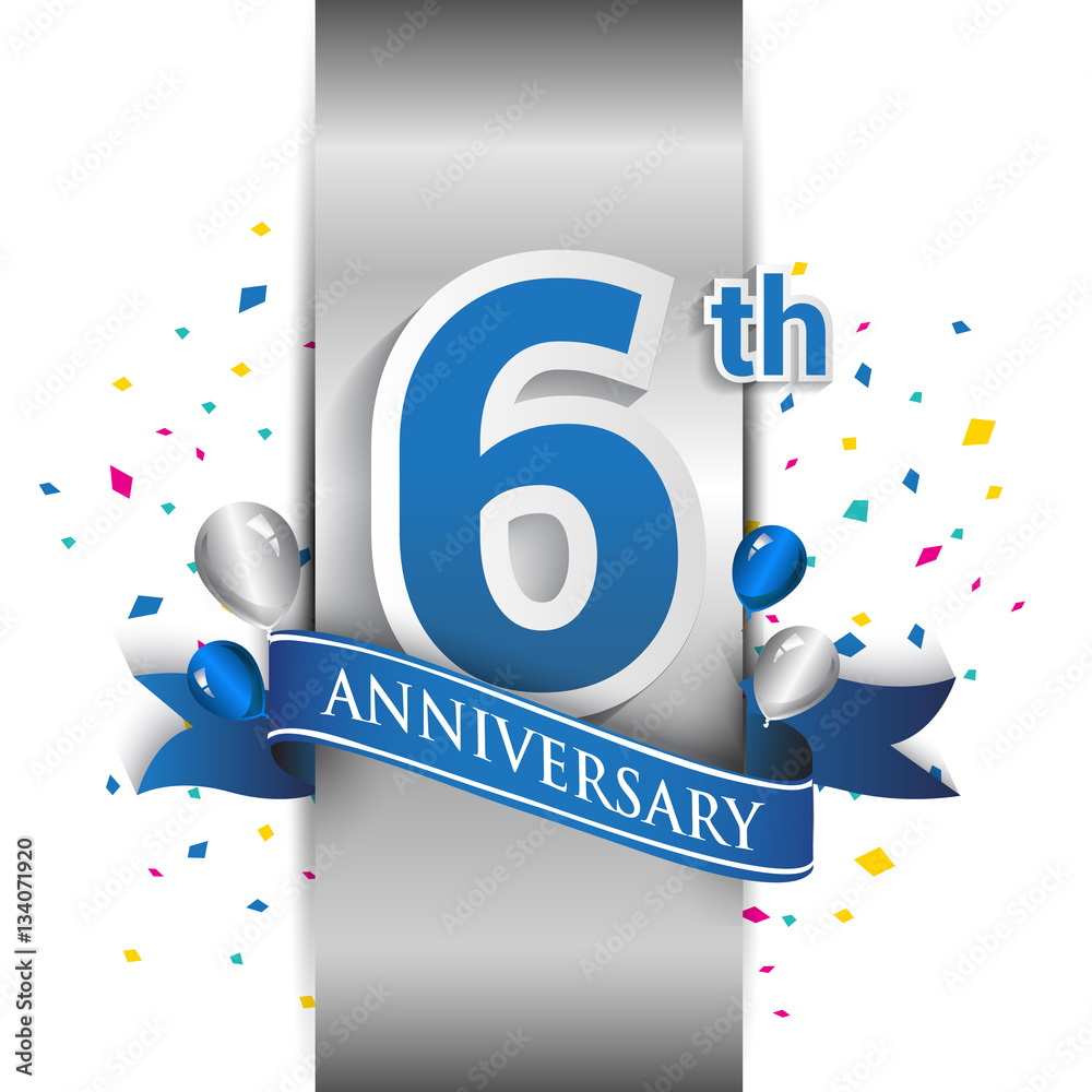 6th anniversary logo with silver label and blue ribbon, balloons ...