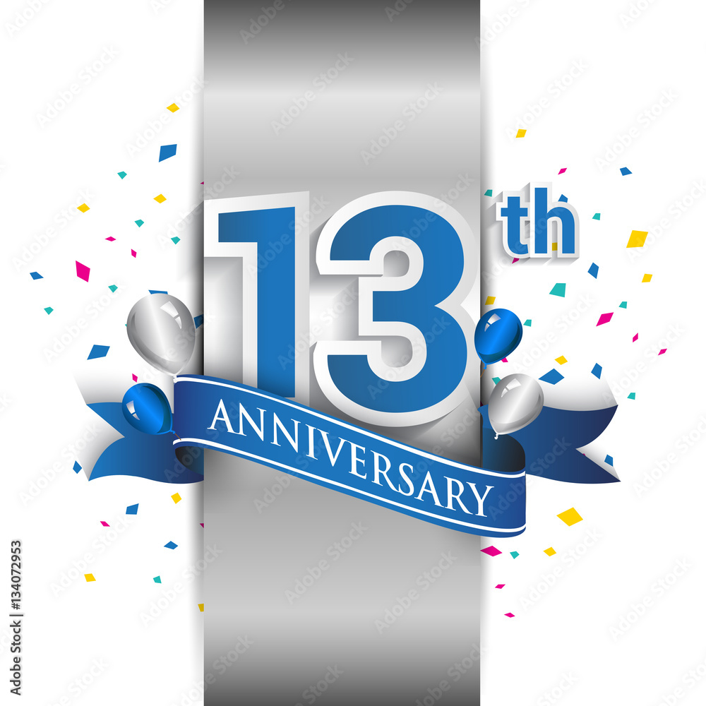 13th anniversary logo with silver label and blue ribbon, balloons ...