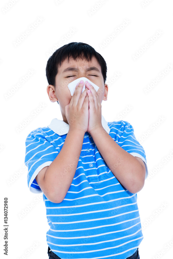 Handsome asian boy blowing his nose into tissueon. Isolated on white ...