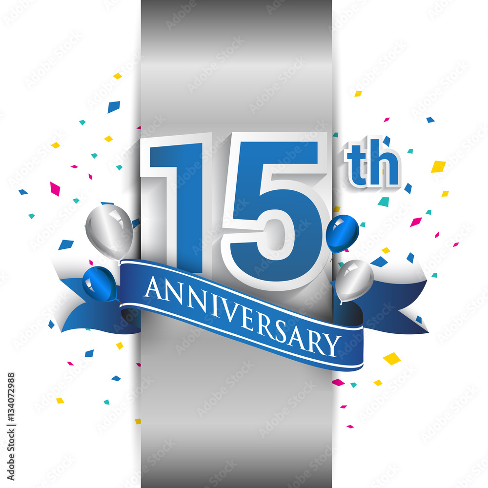15th anniversary logo with silver label and blue ribbon, balloons ...
