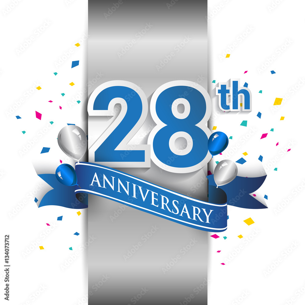 28th anniversary logo with silver label and blue ribbon, balloons ...