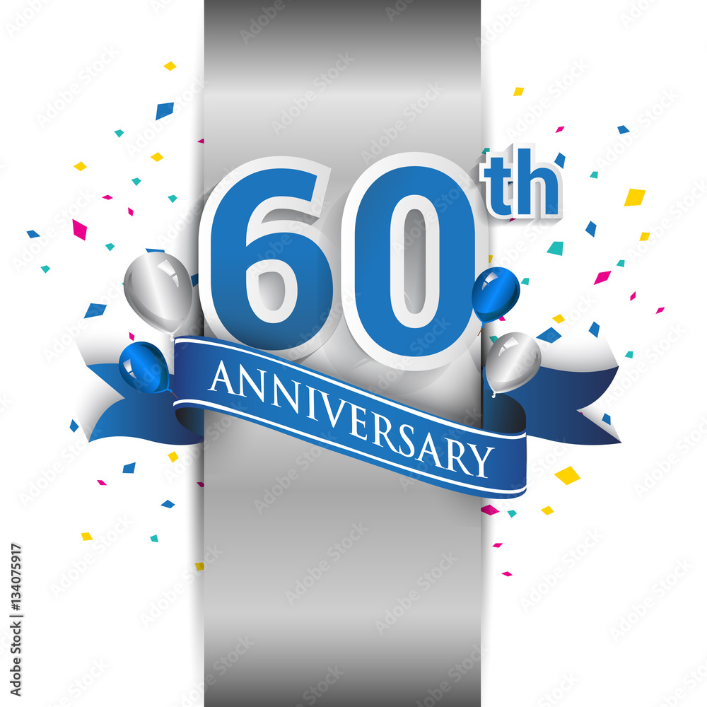 60th anniversary logo with silver label and blue ribbon, balloons ...
